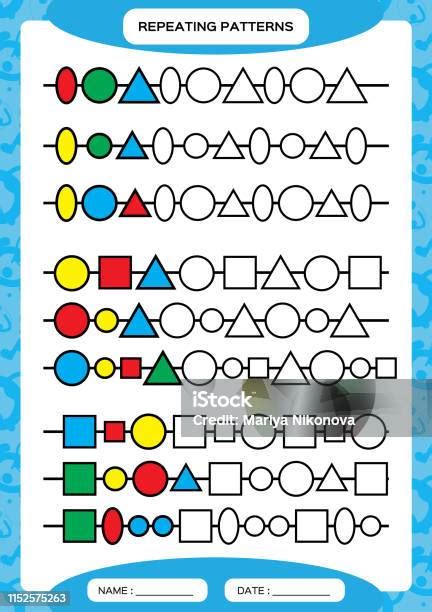 반복 패턴을 완료 합니다 유치원 아이 들을 위한 워크 시트 운동 능력을 연습 기술 작업을 개선 패턴을 완성 합니다 컬러 비즈 파란색 배경입니다 정사각형 원형 타원형 삼각형