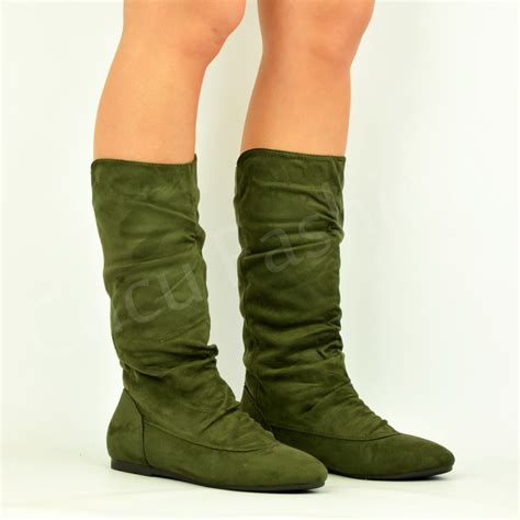 New Womens Ladies Low Flat Heel Pull On Mid Calf Boots Winter Fashion
