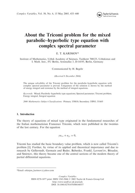 Pdf About The Tricomi Problem For The Mixed Parabolichyperbolic Type Equation With Complex