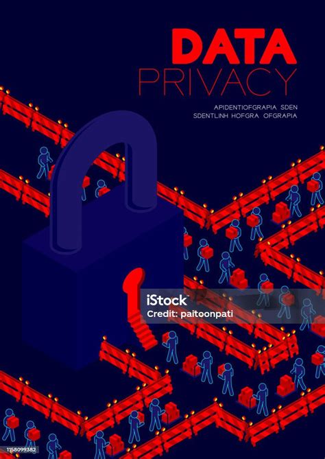 데이터 프라이버시 개념 남자 픽토그램 데이터를 아이소메트릭 잠금 키홀 도어 및 배리어 일러스트 포스터 및 배너 디자인이 파란색 배경에 격리되어 복사 공간 광고에 대한 스톡
