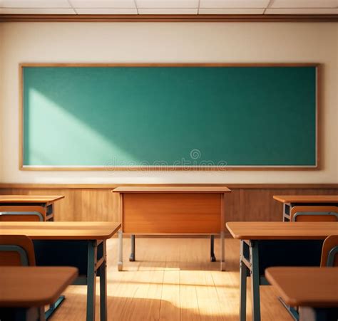 A Empty Classroom With Bench Chair Table And Blank Board Stock Illustration Illustration Of