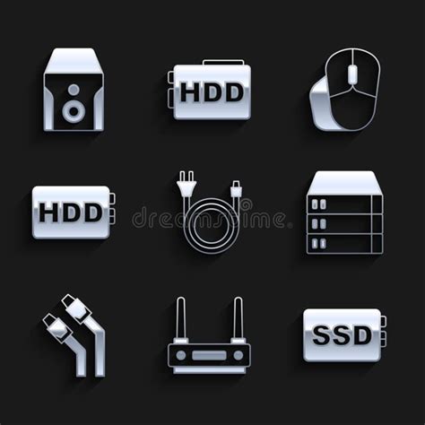 Set Electric Plug Router And Wi Fi Signal Ssd Card Server Data Web Hosting Lan Cable