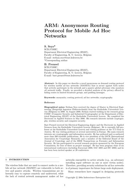 PDF ARM Anonymous Routing Protocol For Mobile Ad Hoc Networks