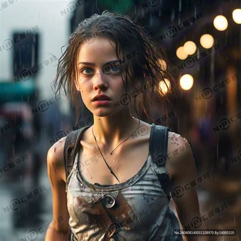 Ai创作图末日废土 16岁短发少女 真实角色 清纯脸庞 穿着破损的白色吊带和蓝色牛仔短裤 脚穿马丁靴 奔跑在城市道路 下着雨 背光 电影效果