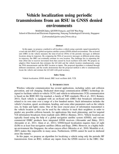 Pdf Vehicle Localization Using Periodic Transmissions From An Rsu In Gnss Denied Environments