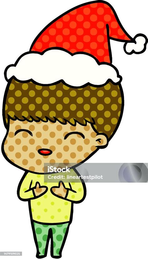 산타 모자를 쓴 소년의 행복한 손으로 그린 만화책 스타일 그림 낙서 드로잉에 대한 스톡 벡터 아트 및 기타 이미지 낙서