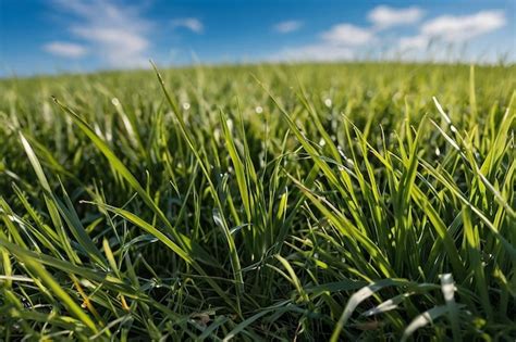 Realistic Green Grass Under Blue Sky Premium Ai Generated Image