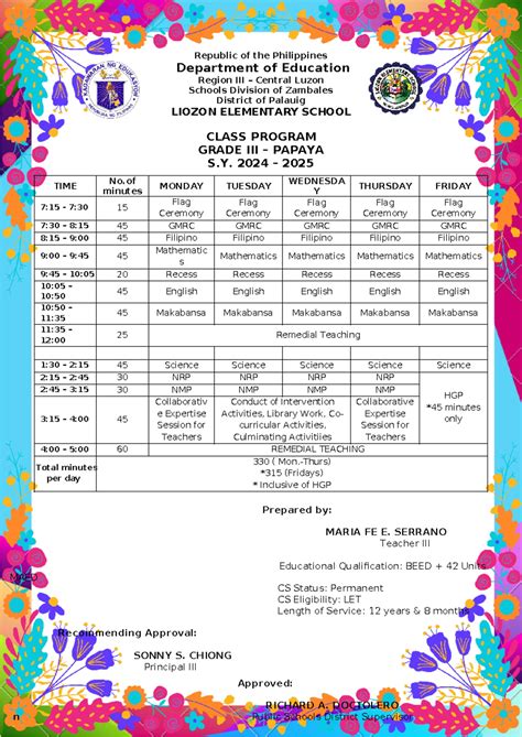 Grade 3 Class Program 2024 2025 Republic Of The Philippines Department Of Education