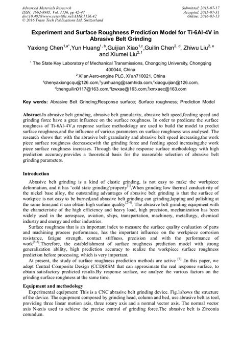 Experiment And Surface Roughness Prediction Model For Ti 6al 4v In Abrasive Belt Grinding