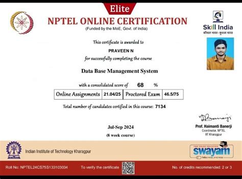 nptel course dbms sql algebra calculus certificate databases praveen n