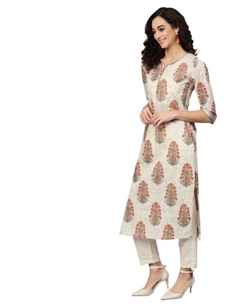 Cotton Cambric Sequin Work Straight Kurta Beige Yash Gallery