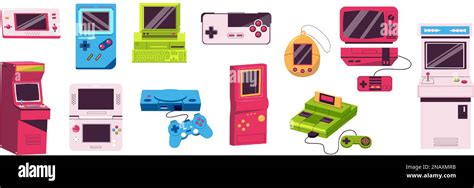 Retro Gaming Devices Vintage Analog Electronics Cartoon Style Colorful 90s Gamepad With