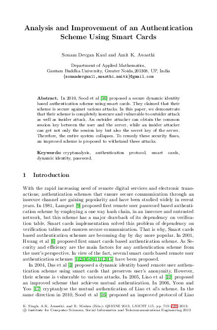 pdf analysis and improvement of an authentication scheme using smart
