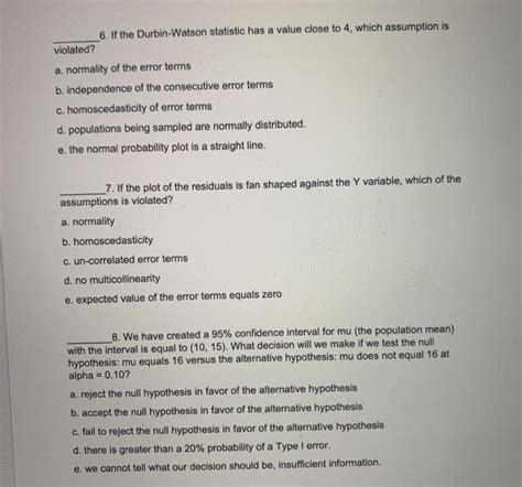 Solved 6 If The Durbin Watson Statistic Has A Value Close