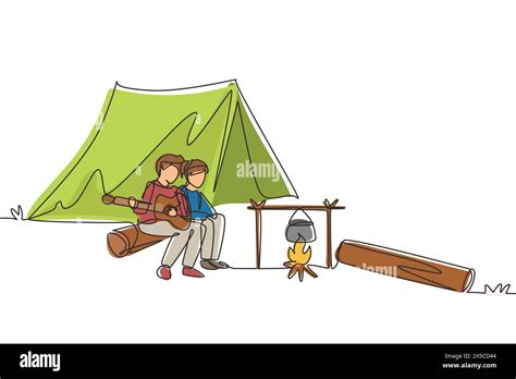 Single One Line Drawing Couple Hikers Sitting On Log Cooking Water In