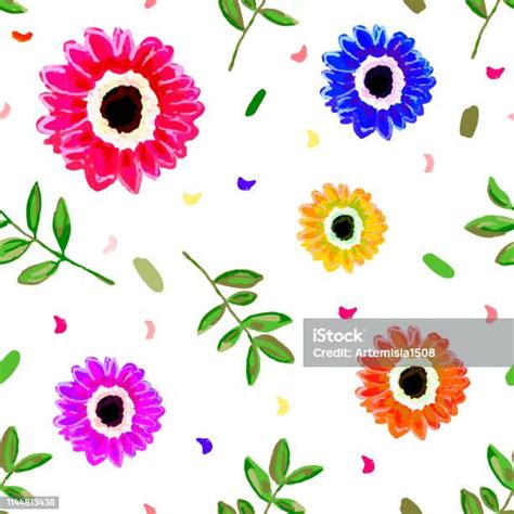 손으로 그린 꽃 흰색 바탕에 그려진 된 원활한 반복 패턴입니다 손으로 그린 된 벡터 일러스트 레이 션 직물 인사말 카드 포장지 0명에 대한 스톡 벡터 아트 및 기타 이미지