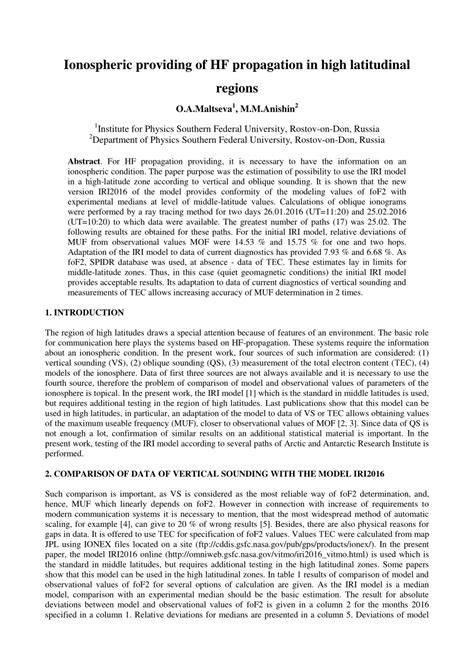 Pdf Ionospheric Providing Of Hf Propagation In High Latitudinal Regions