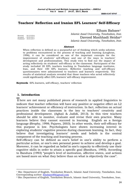 Pdf Teachers Reflection And Iranian Efl Learners Self Efficacy