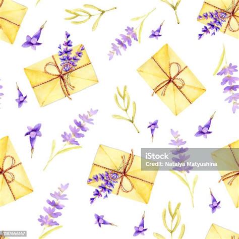 흰색 배경에 메일 봉투와 라벤더 꽃의 잔가지와 원활한 패턴 디자인 배경 표지 포장지 패키지 결혼식 템플릿을위한 손으로 그린 수채화 그림 개념에 대한 스톡 벡터 아트 및 기타