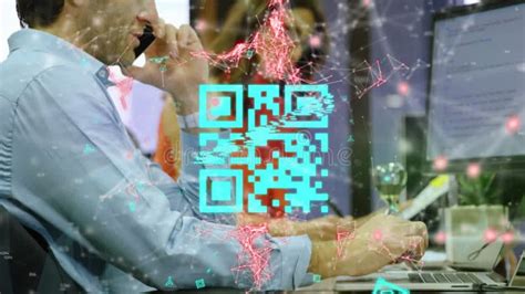 Animation Of Qr Code With Network Of Connections Over Caucasian Businessman In Office Stock