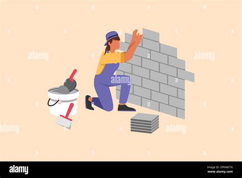 Business Flat Cartoon Style Drawing Repair Worker Laying Ceramic Wall Tile Professional Tiler