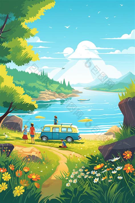 阳光明媚夏天露营湖边阳光明媚的花插画图片 包图网