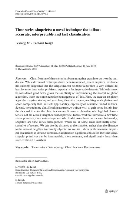 Pdf Time Series Shapelets A Novel Technique That Allows Accurate Interpretable And Fast