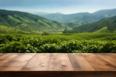 製品表示モンタージュ用のぼやけた茶畑の背景を持つ空の木製テーブルトップ プレミアム写真