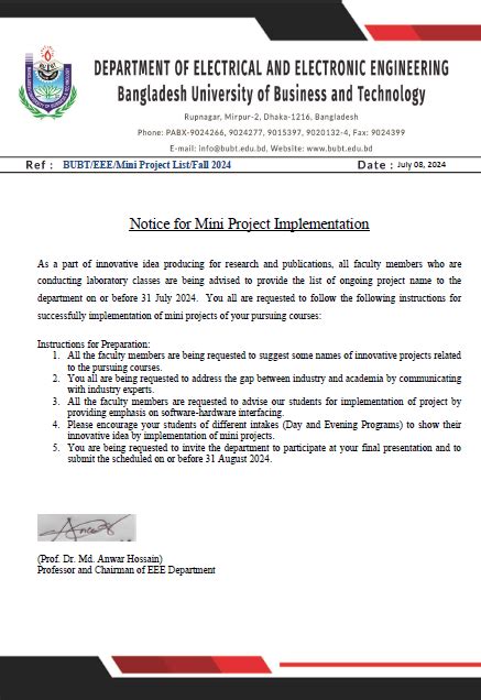 Notice For Mini Project Implementation Bangladesh University Of Business And Technology Bubt