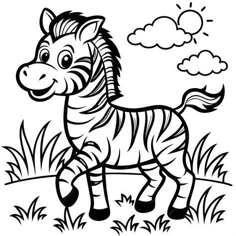 Black And White Illustration Of A Cute Zebra Standing In The Grass