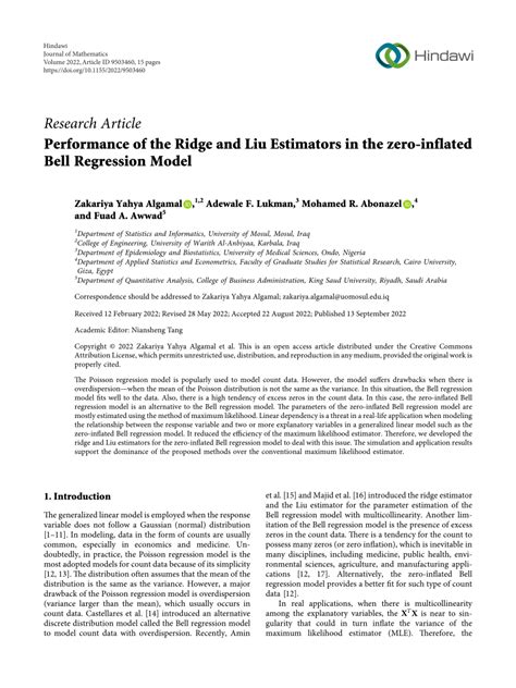 Pdf Performance Of The Ridge And Liu Estimators In The Zero Inflated Bell Regression Model