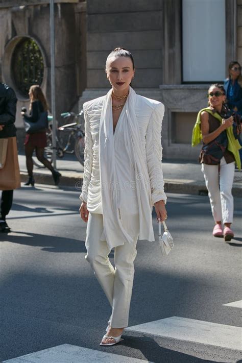 Mary Leest With White Jacket And Trousers Before Sportmax Fashion Show Milan Fashion Week