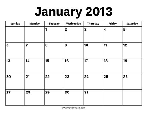 January 2013 Calendar Printable Old Calendars