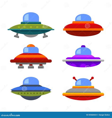 Karikatur Flacher Art UFO Raumschiff Ikonen Satz Vektor Vektor