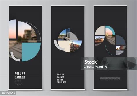 수직 전단지 플래그 디자인 템플릿 배너 스탠드에 대한 롤업 모형 디자인 템플릿의 벡터 레이아웃 추상 원 라운드 배너가 있는