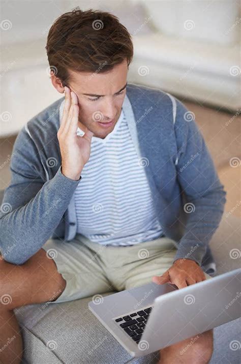 Man Thinking And Laptop Brainstorming At Home As Remote Copywriter For Problem Solving