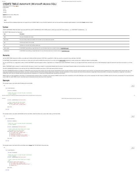 Create Table Statement Microsoft Access Sql Microsoft Docs Pdf