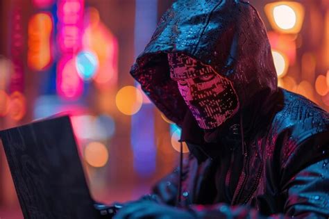 Hacker In A Hood Using A Laptop With A Code Background Premium Ai