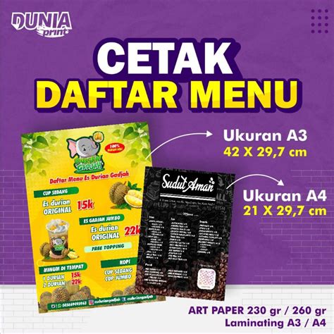 Jual Cetak Daftar Menu Makanan Dan Minuman Ukuran A3 A4 Shopee Indonesia