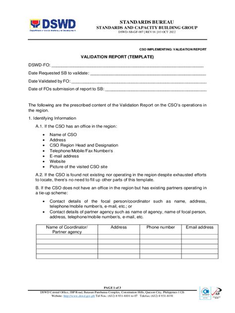 Fillable Online Dswd Sb Gf 007 Validation Report Template Fax Email