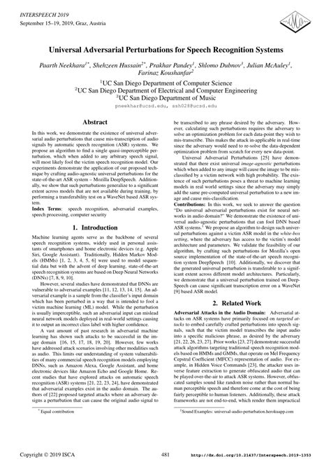 Pdf Universal Adversarial Perturbations For Speech Recognition Systems