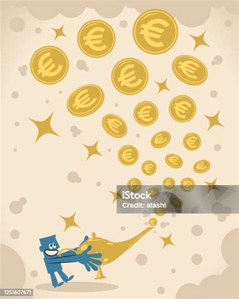 웃는 사업가가 마법의 램프를 문지르고 유로 사인 유럽 연합 통화가 많이 나오고 있습니다 0명에 대한 스톡 벡터 아트 및 기타 이미지 Istock