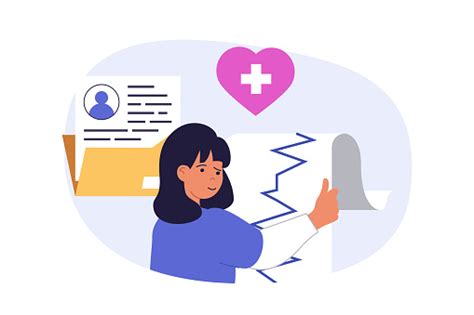 웹을 위한 현대 편평한 디자인에 있는 의학 개념 여성은 심장 전문의로 일하며 심장 박동 검사 및 스캔으로 심장 진단을 내리고 치료 및 예방 절차를 처방합니다 벡터 일러스트