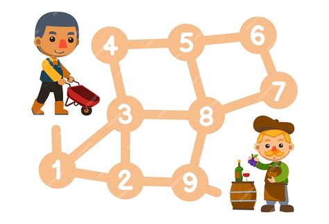 어린이를 위한 숫자 미로 농부 소년을 도와 은이로 이동 인쇄 가능한 농장 작업표 프리미엄 벡터