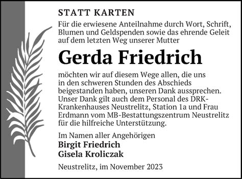Traueranzeigen Von Gerda Friedrich Trauer Nordkurier