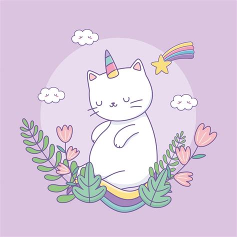 꽃 장식으로 귀여운 Caticorn 프리미엄 벡터