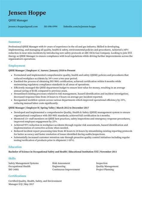 Qhse Manager Resume Cv Example And Writing Guide