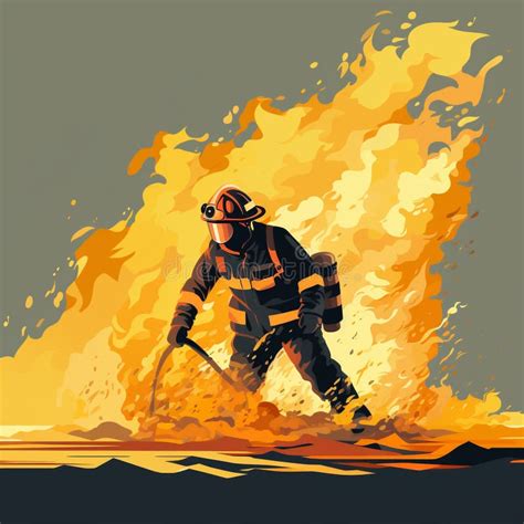 Illustration Of A Firefighter Trying To Put Out A Raging Fire Stock