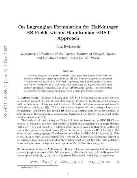Pdf On Lagrangian Formulation For Half Integer Hs Fields Within Hamiltonian Brst Approach