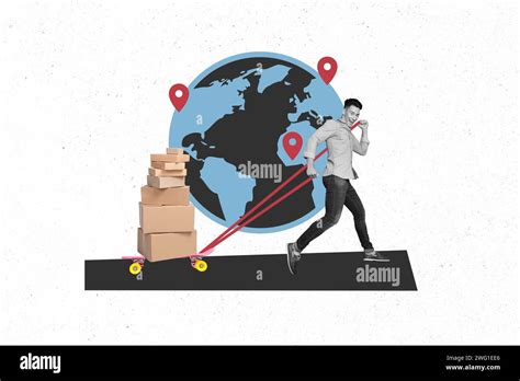 Creative Drawing Collage Picture Of Funny Man Pull Carton Boxes